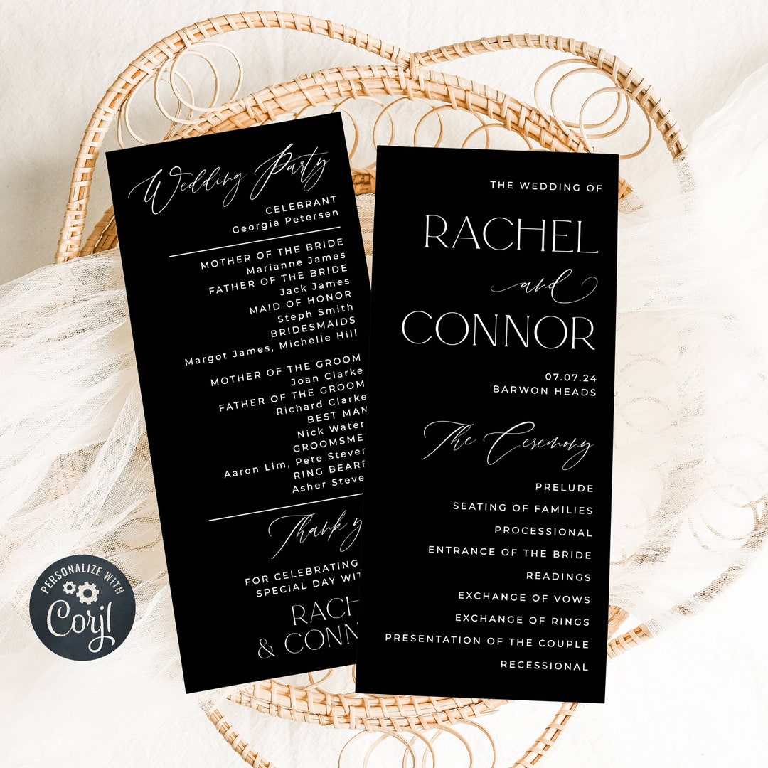 Classic Black Wedding Program Template, Printable Modern Elegant Order of Ceremony, Editable ...