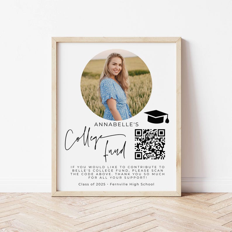 Photo QR Code College Fund Sign Template, Printable Modern Grad Party ...