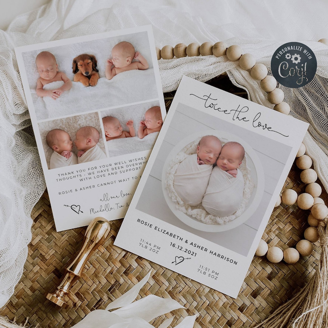 Twin Babies Birth Announcement Template, Printable Newborn Cards With ...