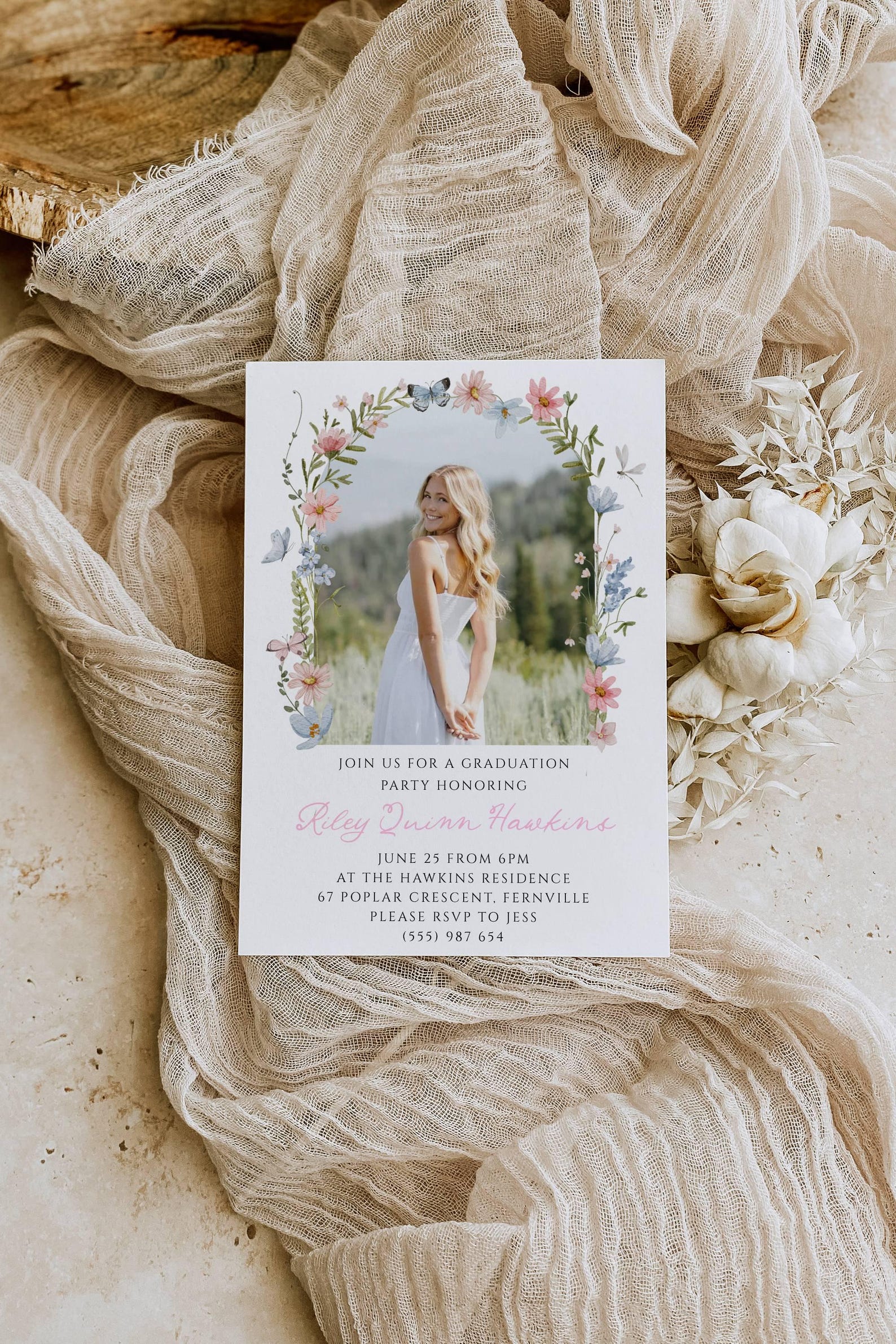 Wildflowers Graduation Invitation Template, Printable Arch Photo Modern ...