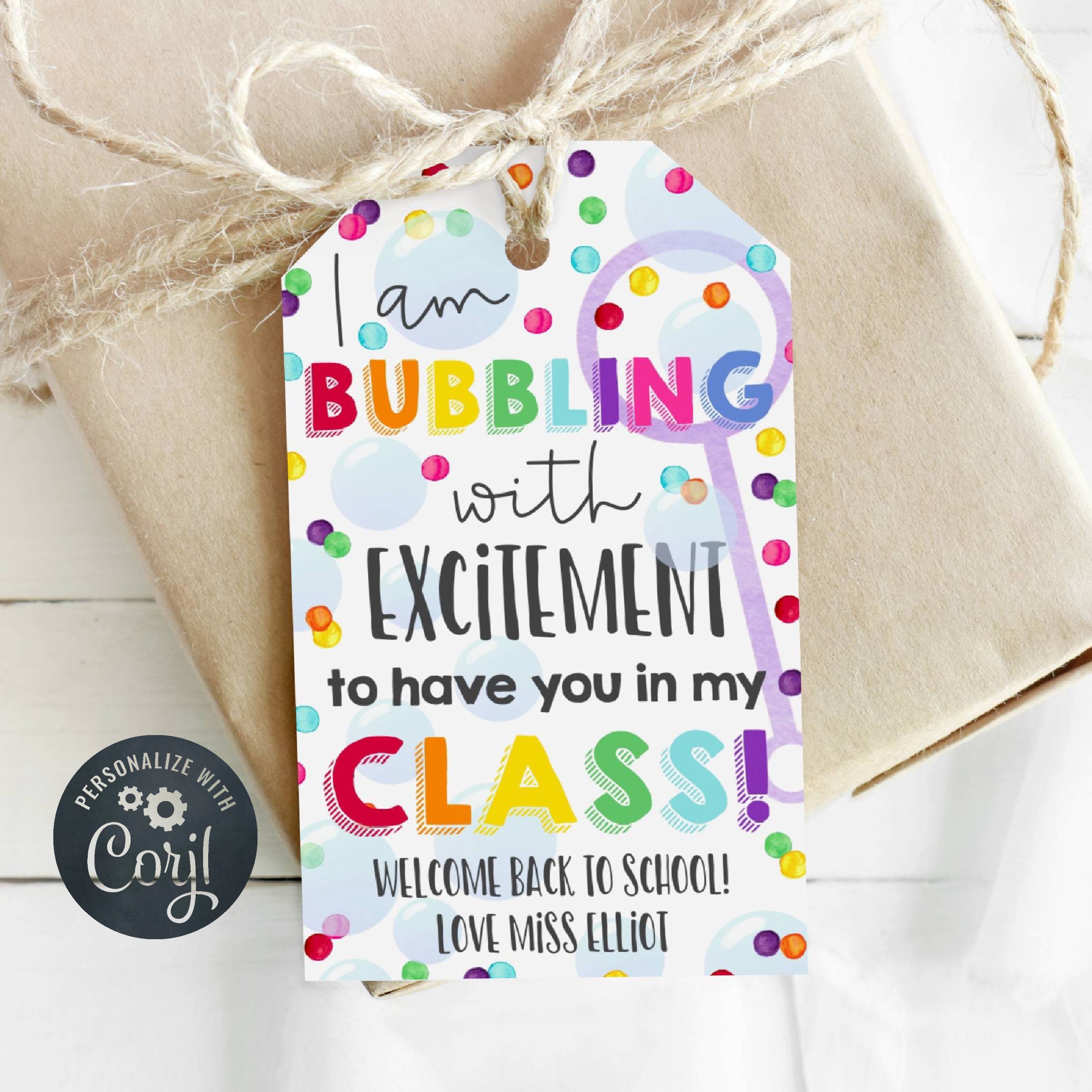 Back to School Bubbles Gift Tag Template, Printable Favors, Editable ...