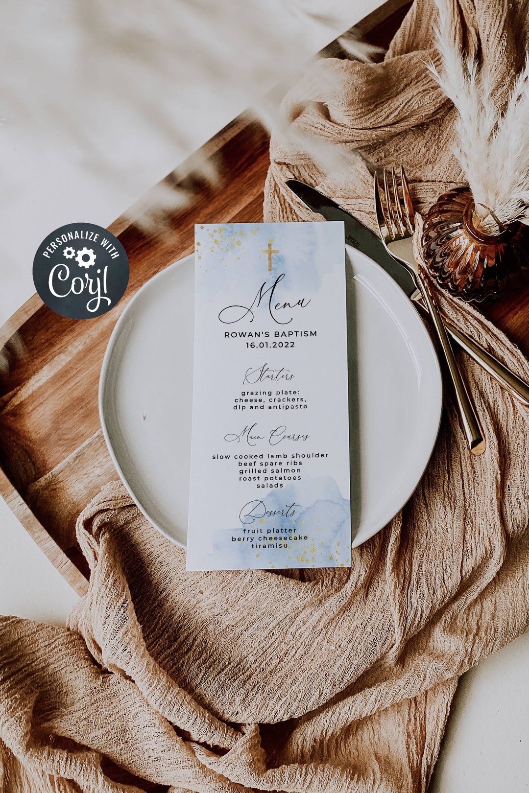 Blue Watercolor Baptism Menu Template, Printable Christening Table Menu ...