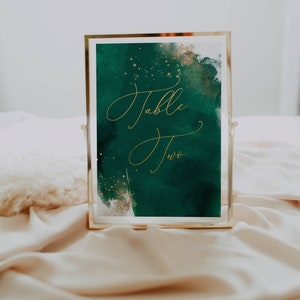 Emerald Watercolor Table Number Template, Printable Hunter Green & Gold ...