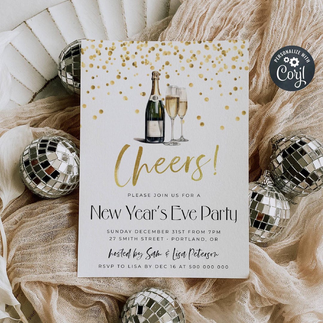 New Year's Eve Invitation Template, Printable Gold Confetti Champagne ...