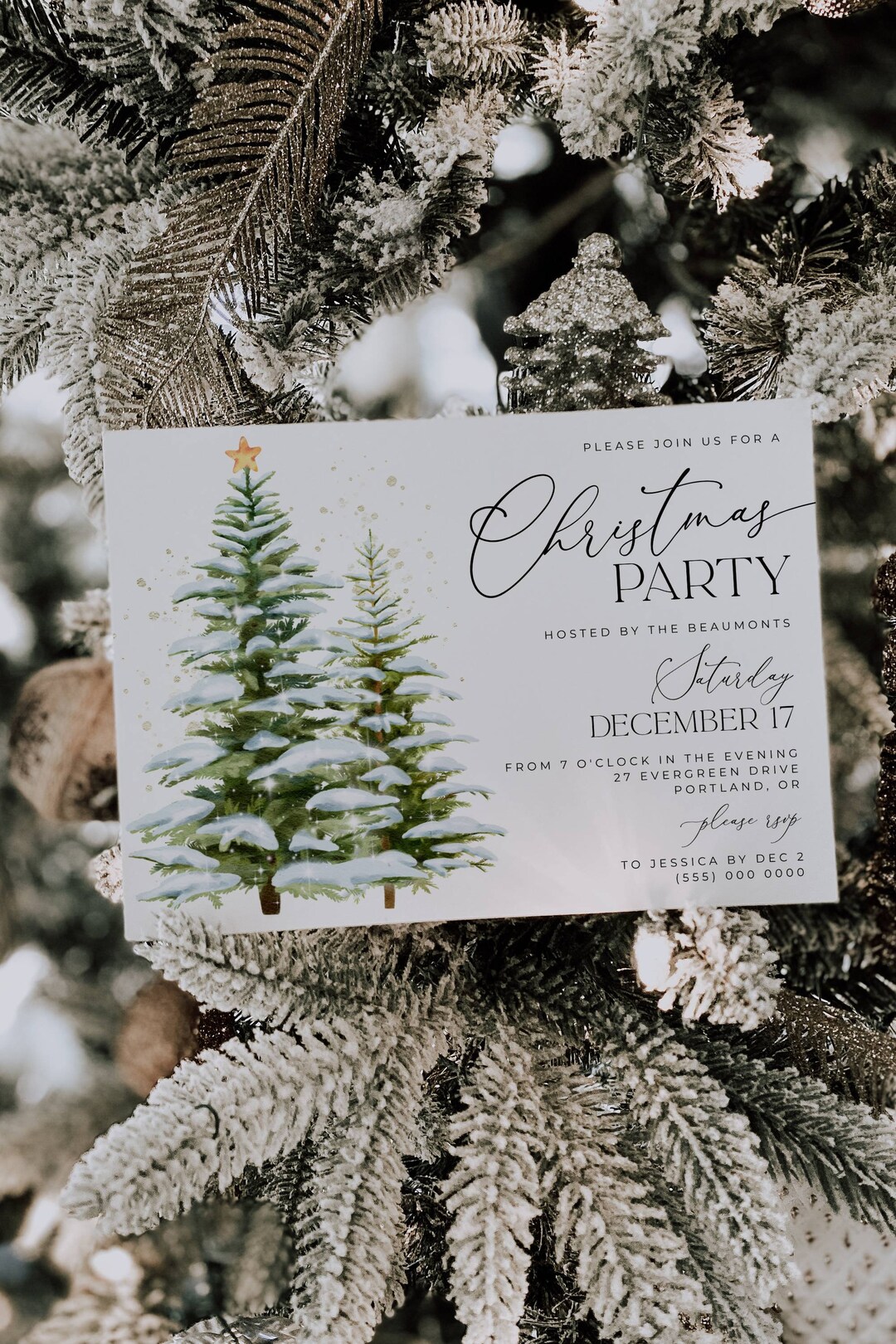 Elegant Christmas Trees Invitation Template, Printable Holiday Party ...