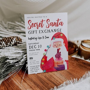 Christmas Secret Santa Invitation Template, Printable Gift Exchange Holiday Invite, Editable ...