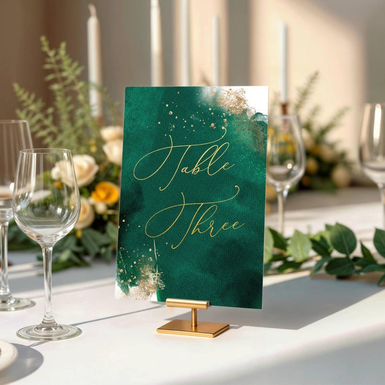 Emerald Watercolor Table Number Template, Printable Hunter Green & Gold ...