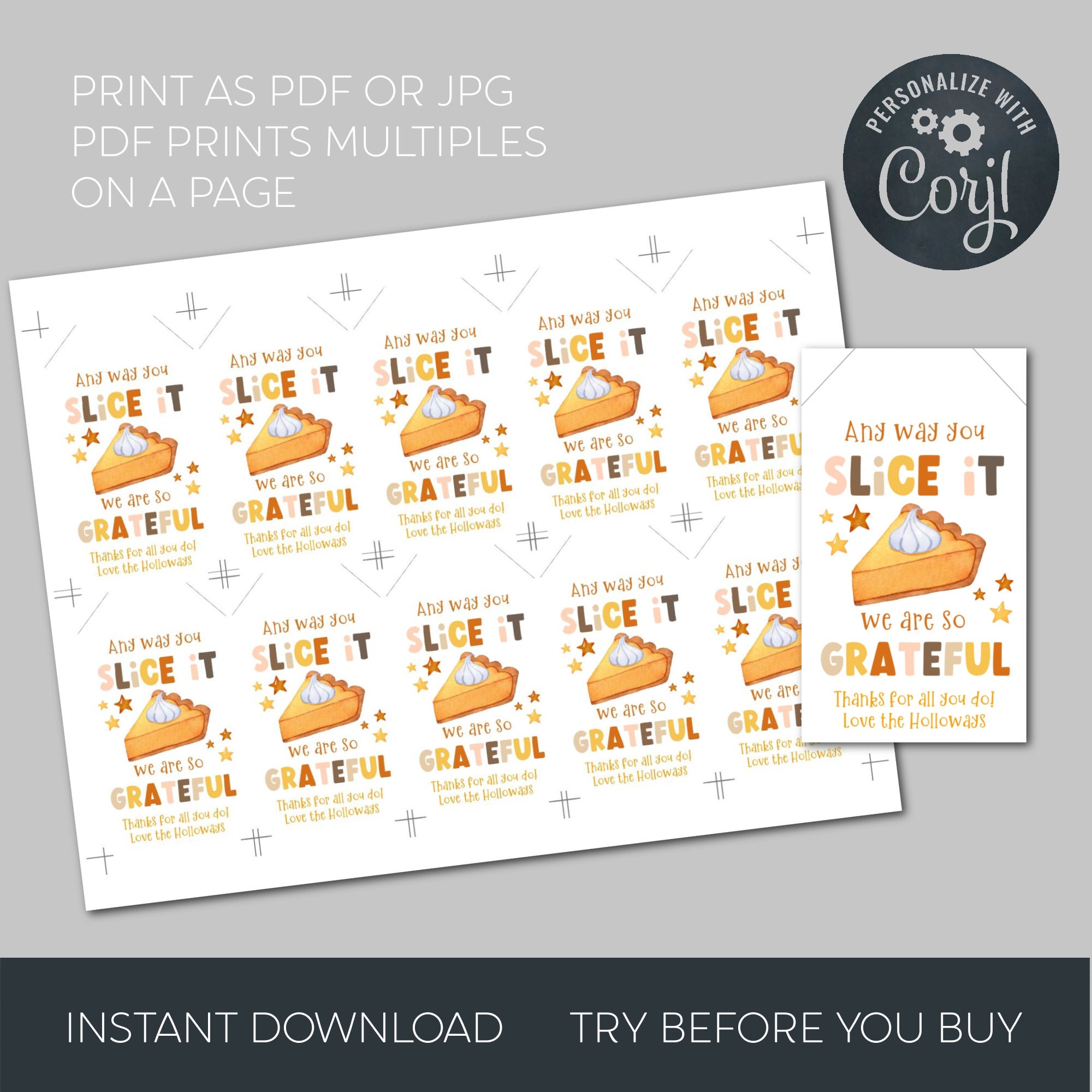 Pumpkin Pie Thanksgiving Gift Tag Template, Editable Any Way You Slice ...