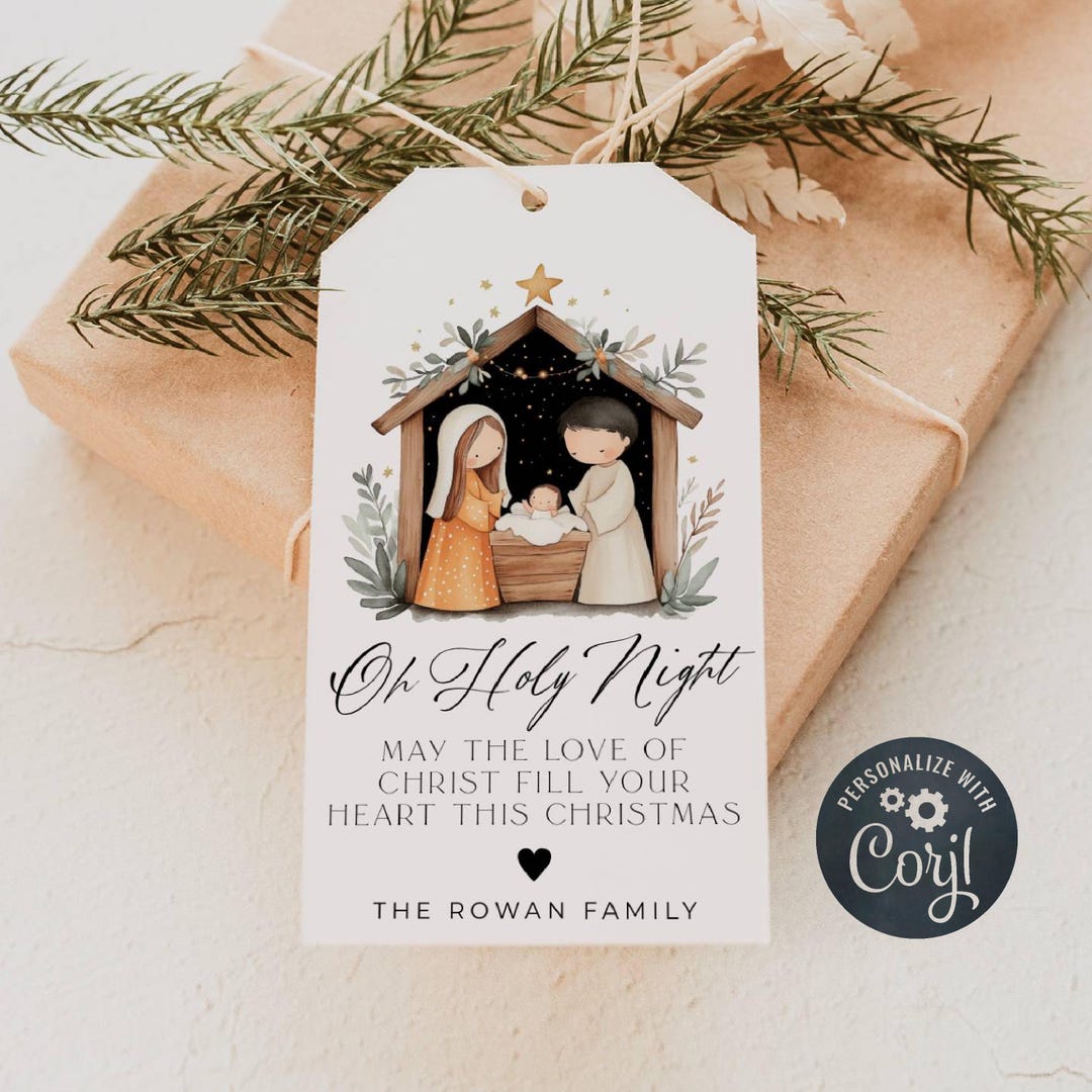Christmas Nativity Scene Gift Tag Template, Printable Religious Oh Holy ...