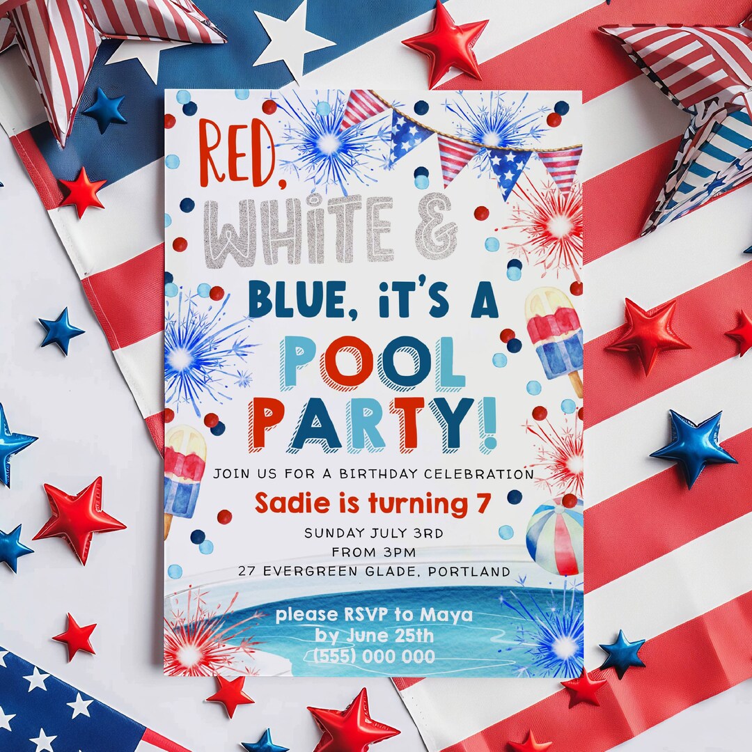 4th of July Pool Birthday Invitation Template, Printable Summer Swim ...