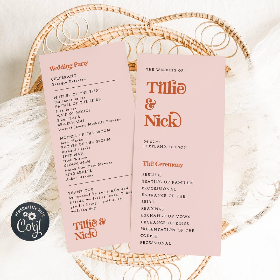 Retro Wedding Program Template, Printable Peach & Rust Ceremony Program ...
