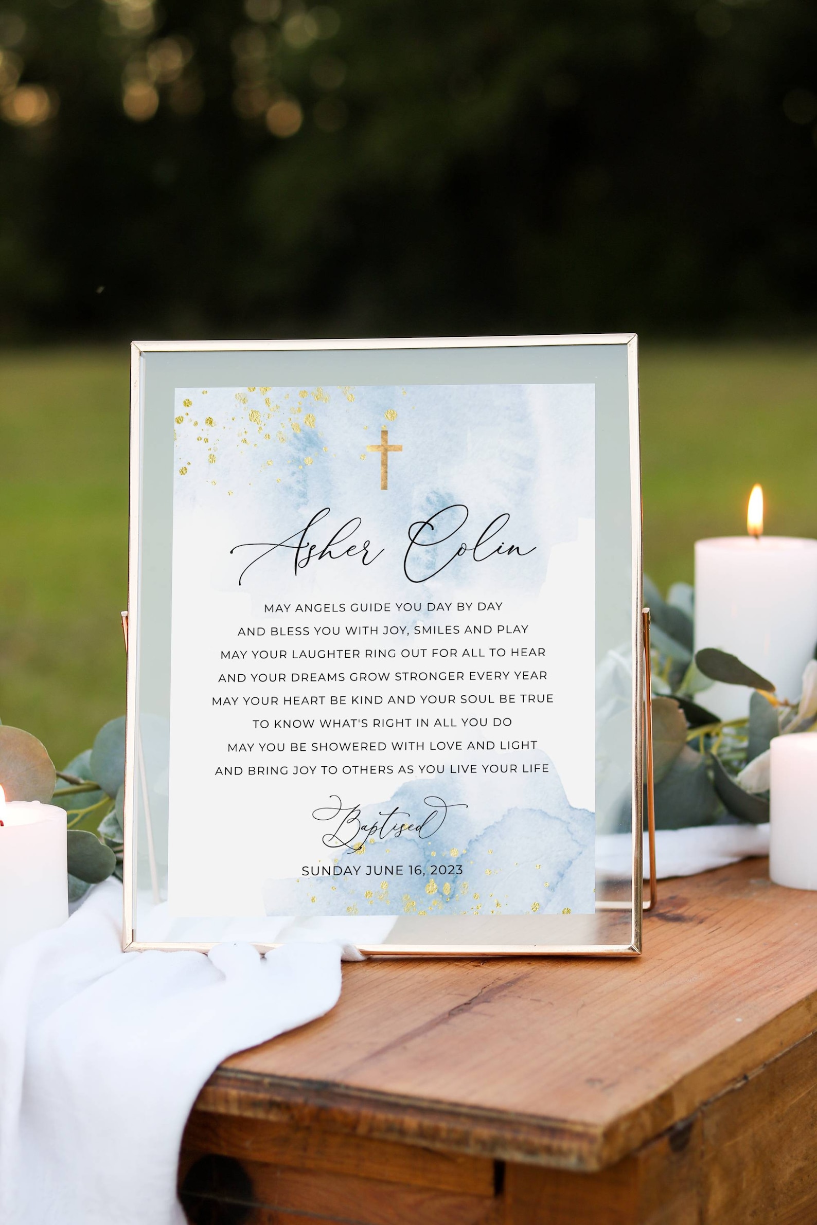 Baptism Prayer Sign Template, Printable Blue & Gold Personalized ...
