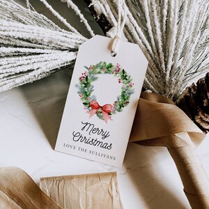 Christmas Wreath Gift Tag Template, Printable Holiday Party Favor Tag ...