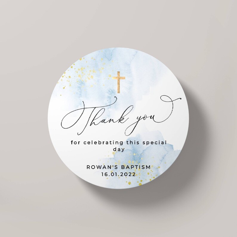 Round Blue & Gold Baptism Favor Tag Template Printable - Etsy
