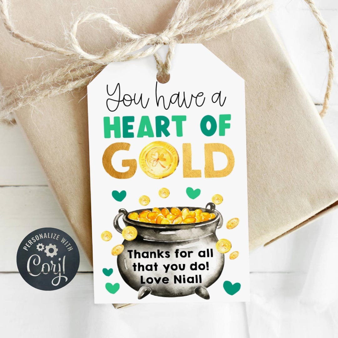 St. Patrick's Day Gift Tag Template, Printable Heart of Gold Favor Tags ...