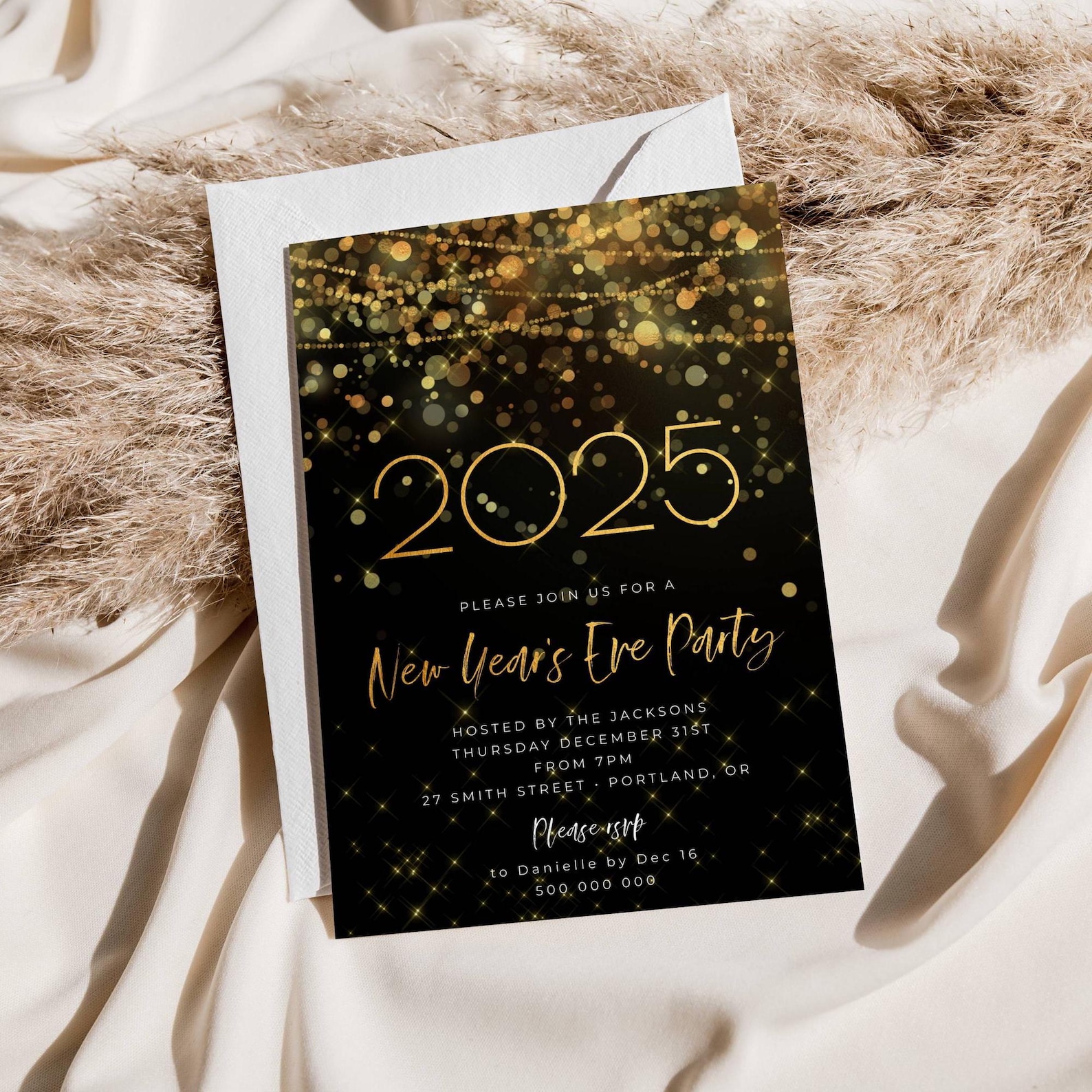 2025 New Year's Eve Party Invitation Template, Printable Gold Lights ...