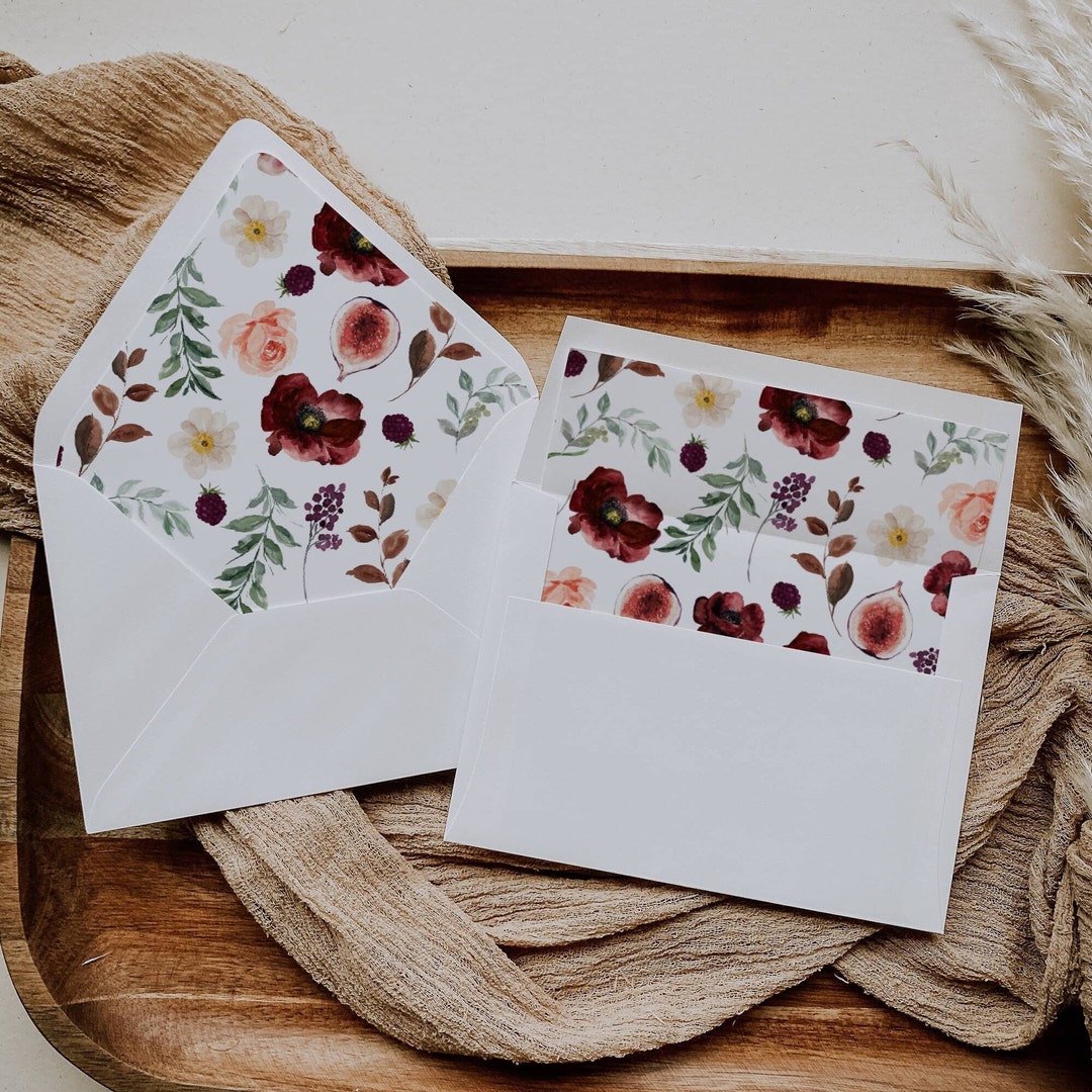 Burgundy Floral Envelope Liner Template, Printable Fall Flowers Liners ...