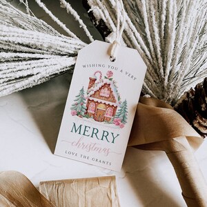Pink Gingerbread House Gift Tag Template, Printable Holiday Favor Tag ...