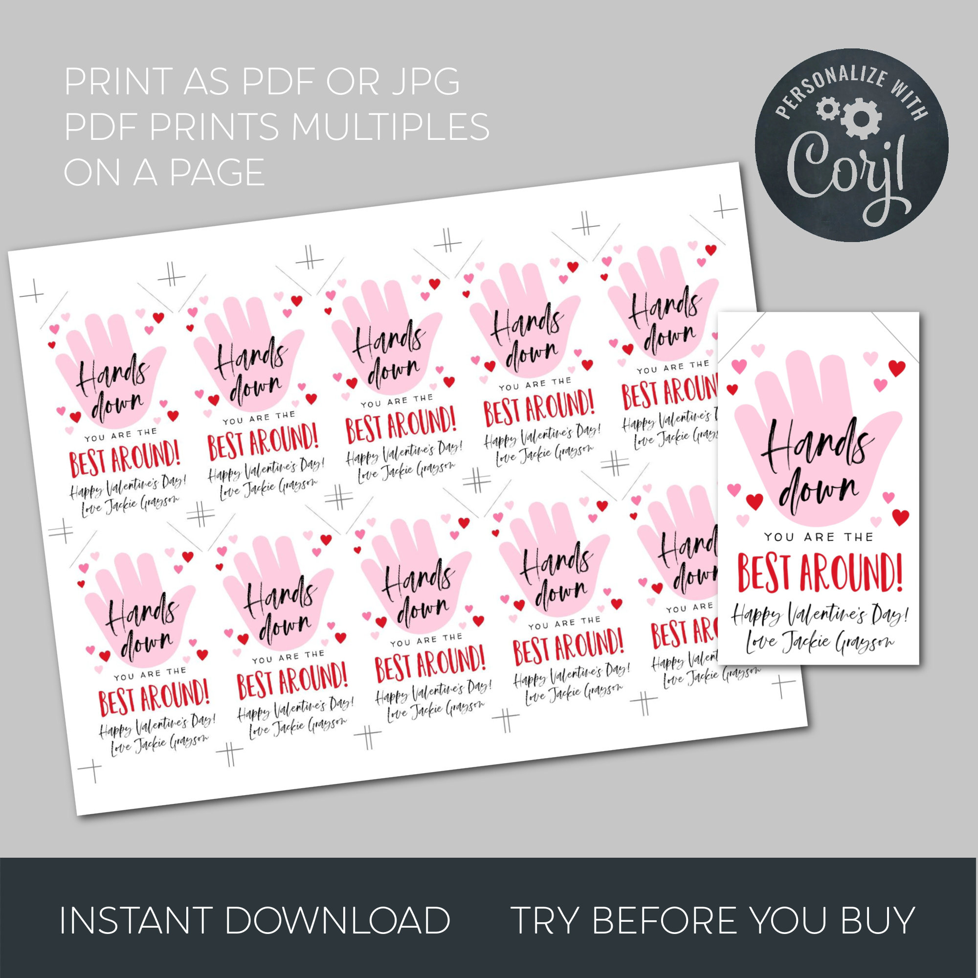 Hands Down You Are the Best Valentine's Day Gift Tag Template ...