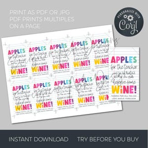 Editable Teacher Appreciation Wine Gift Tag Template, Printable Apples ...