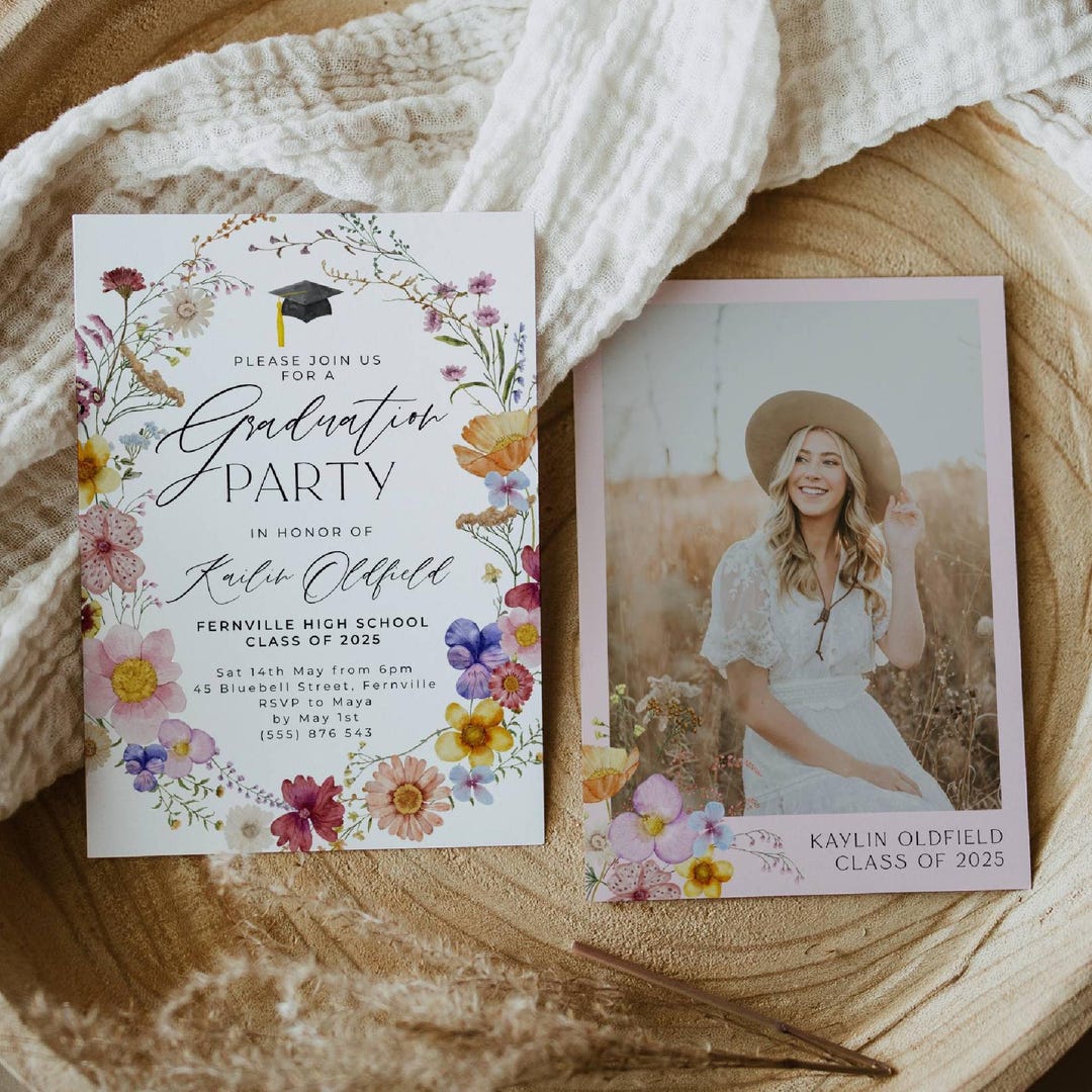 Wildflowers Graduation Invitation Template, Printable Photo Graduate ...