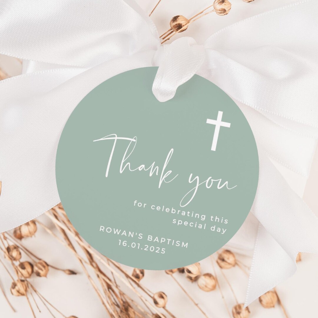 Round Sage Green Baptism Favor Tag Template, Printable Christening Gift ...