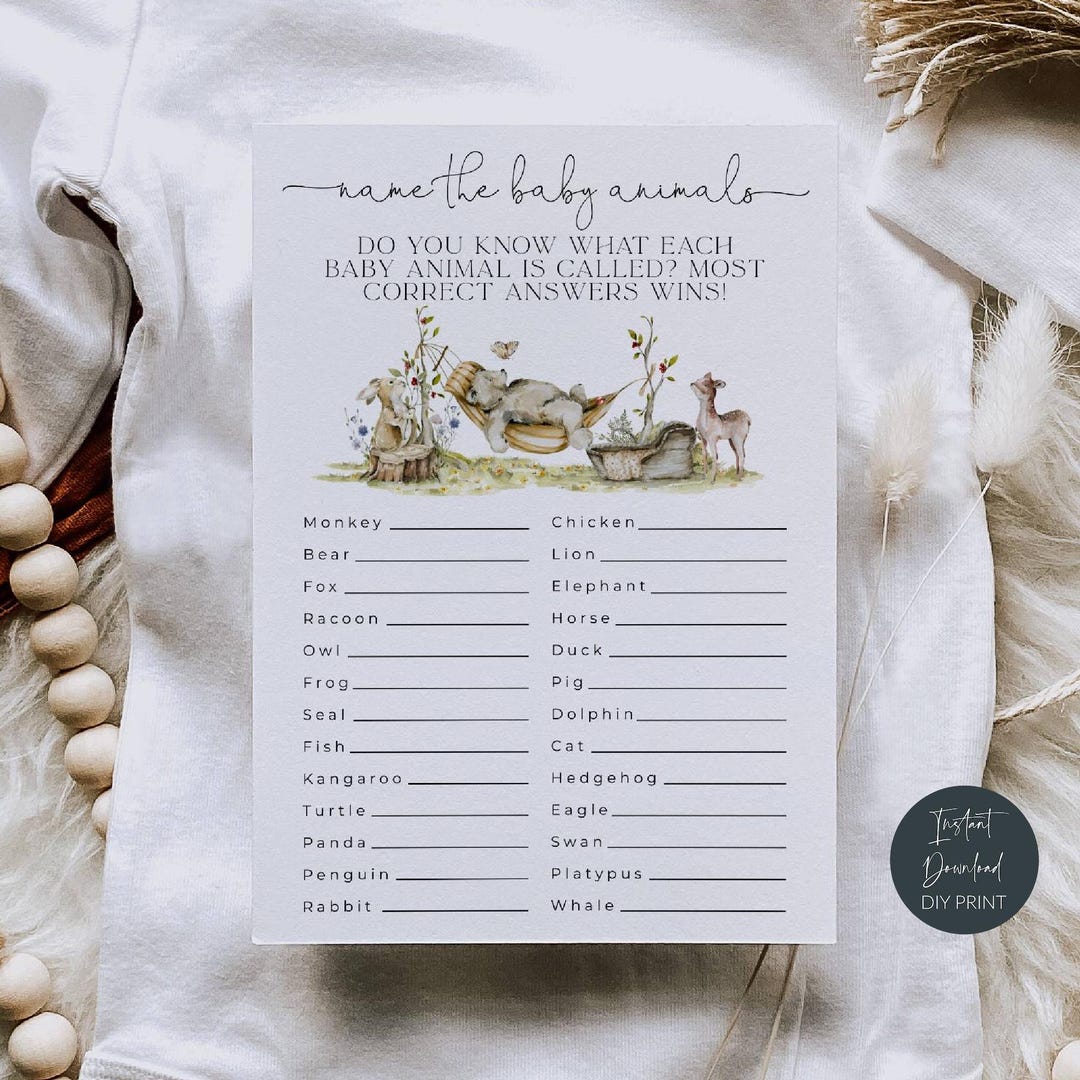 Woodland Baby Shower Name the Baby Animals Game, Printable Baby Shower ...