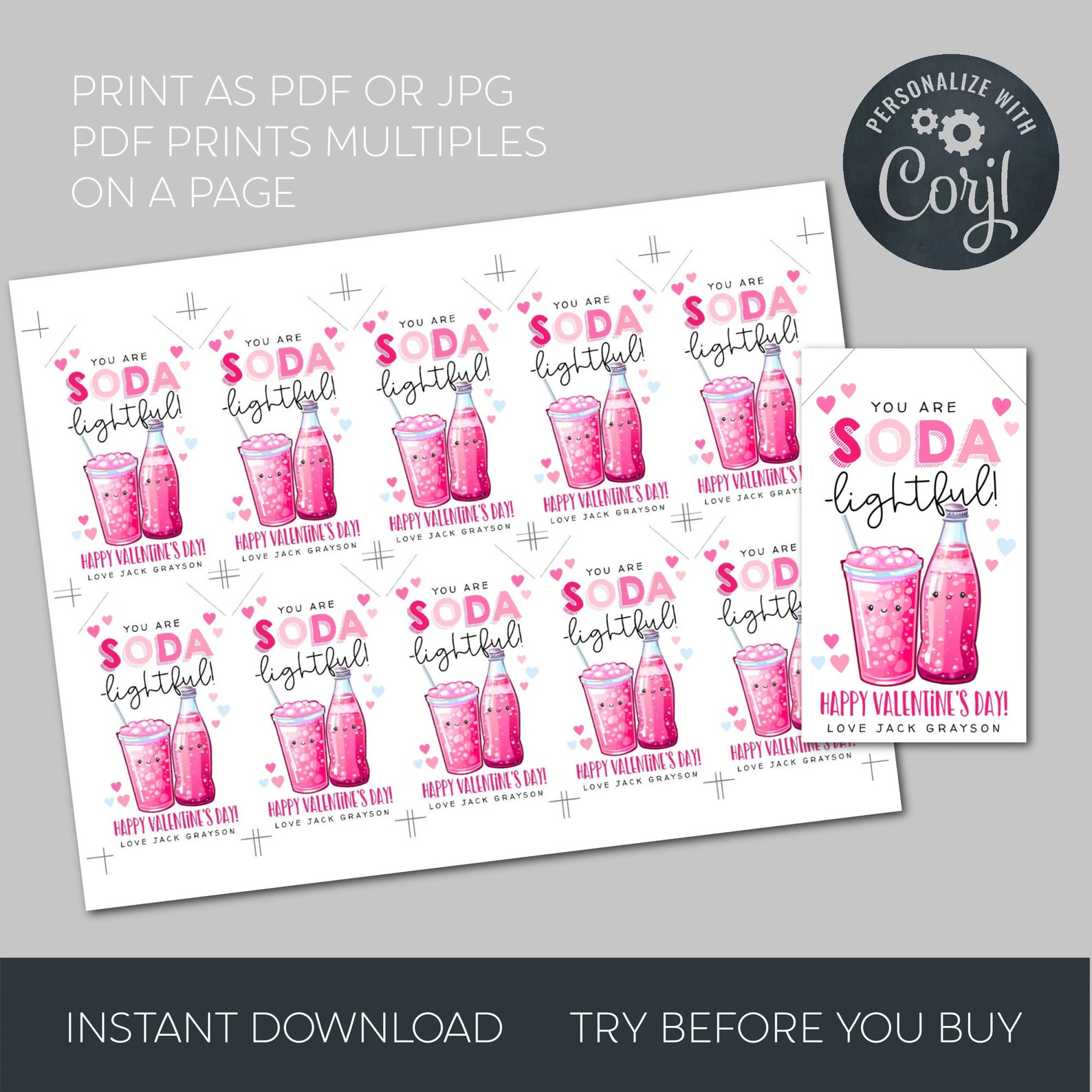 Soda Valentine's Day Gift Tag Template, Printable You Are Soda-lightful ...