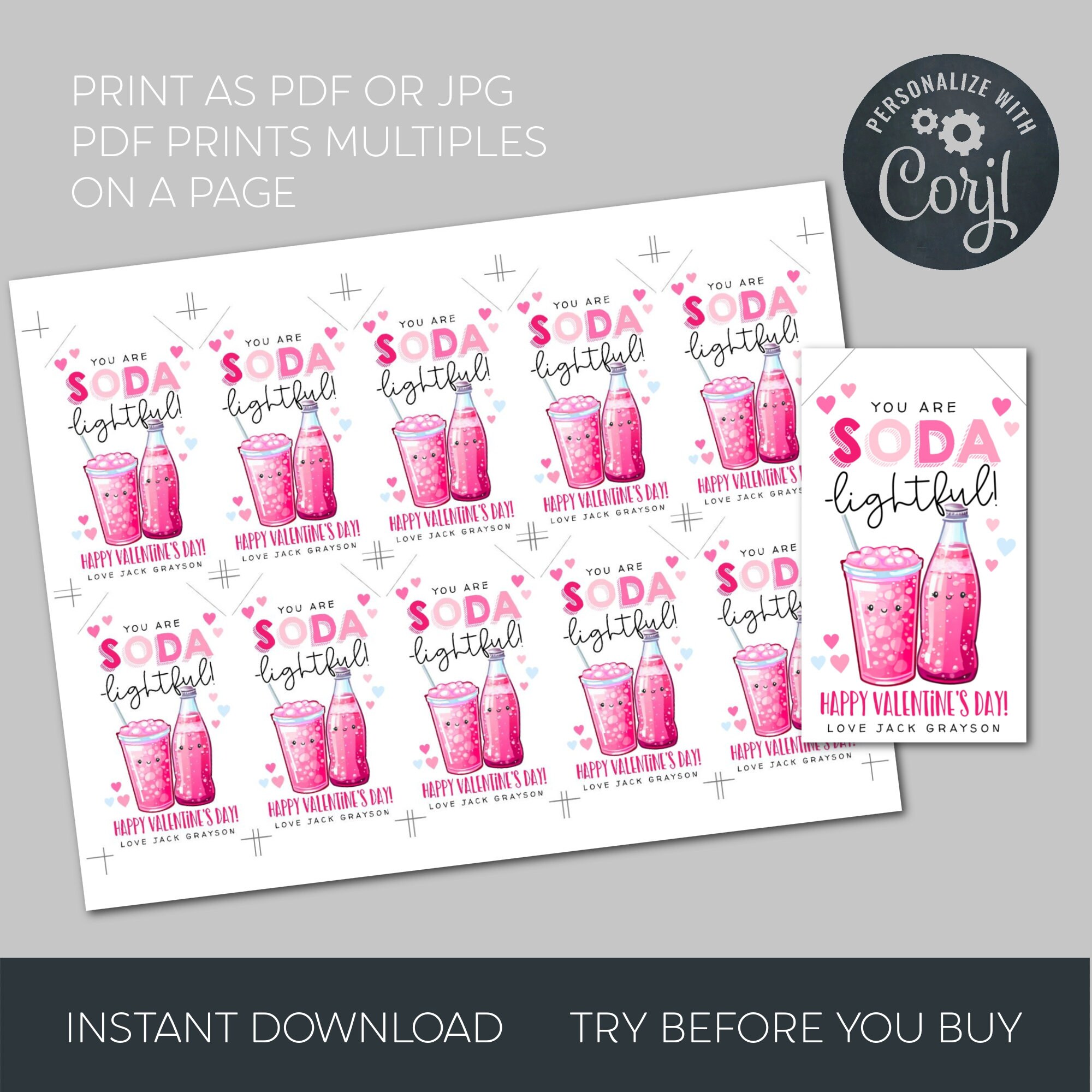 Soda Valentine's Day Gift Tag Template, Printable You Are Soda-lightful ...