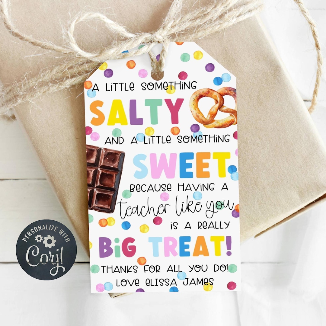 Salty & Sweet Teacher Appreciation Gift Tag Template, Printable Pretzel ...