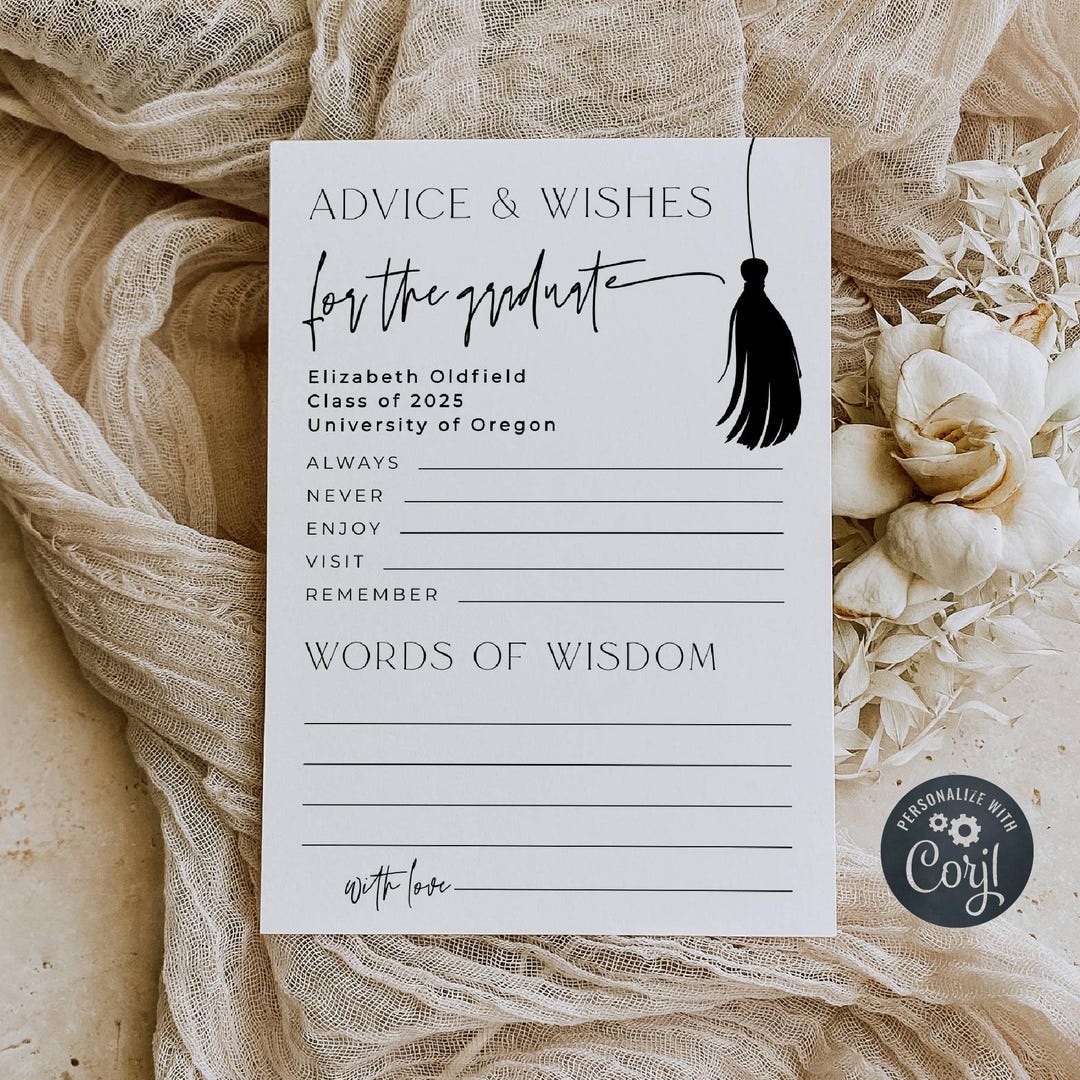Graduation Advice and Wishes Card Template, Printable Modern Tassel ...
