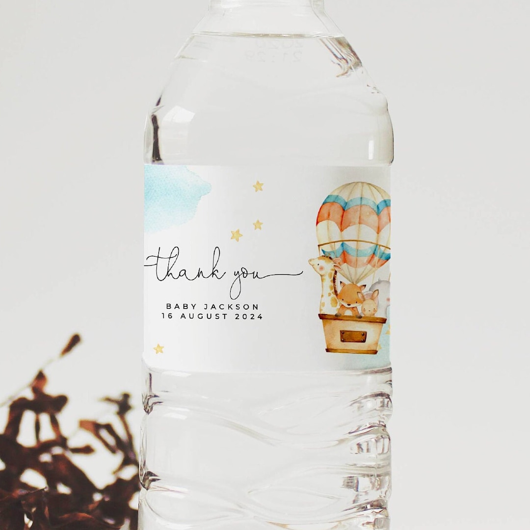 Blue Hot Air Balloon Water Bottle Label Template, Printable Baby Shower ...
