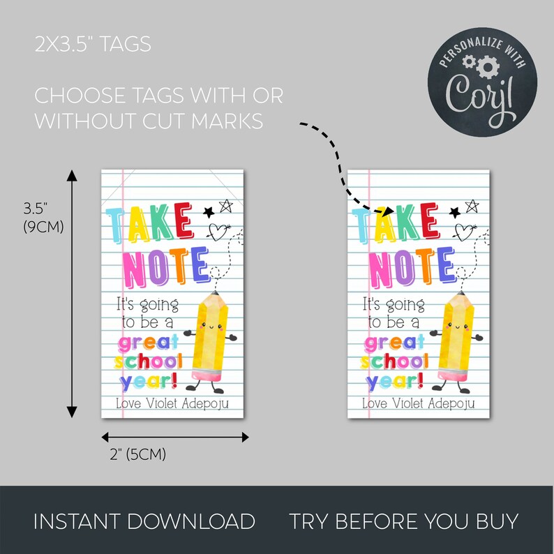 Take Note Back to School Gift Tag Template, Printable First Day of ...