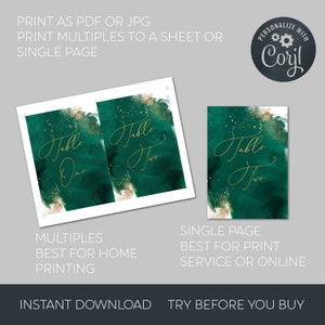 Emerald Watercolor Table Number Template, Printable Hunter Green & Gold ...
