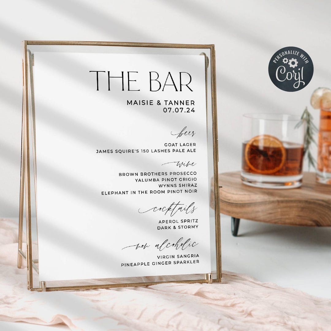 Minimalist Bar Menu Template, Printable Modern Elegant Wedding Drinks ...