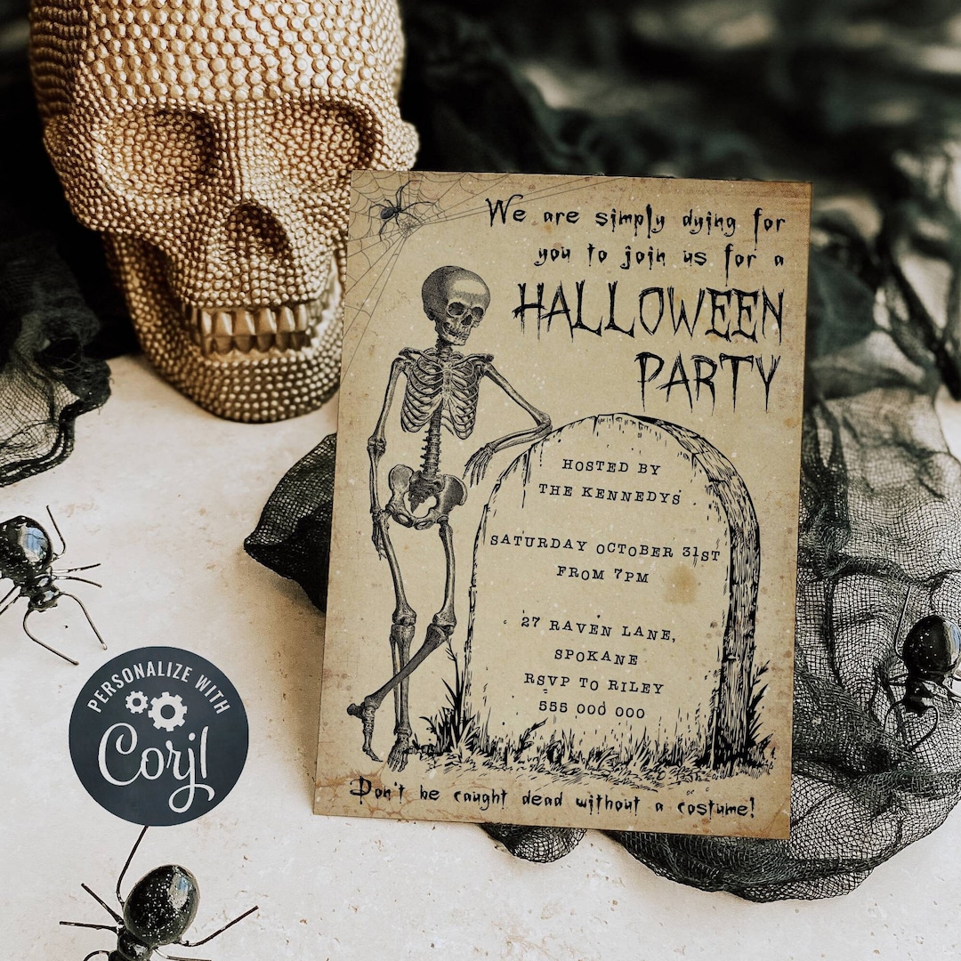 Vintage Skeleton Tombstone Halloween Invitation Template - Etsy