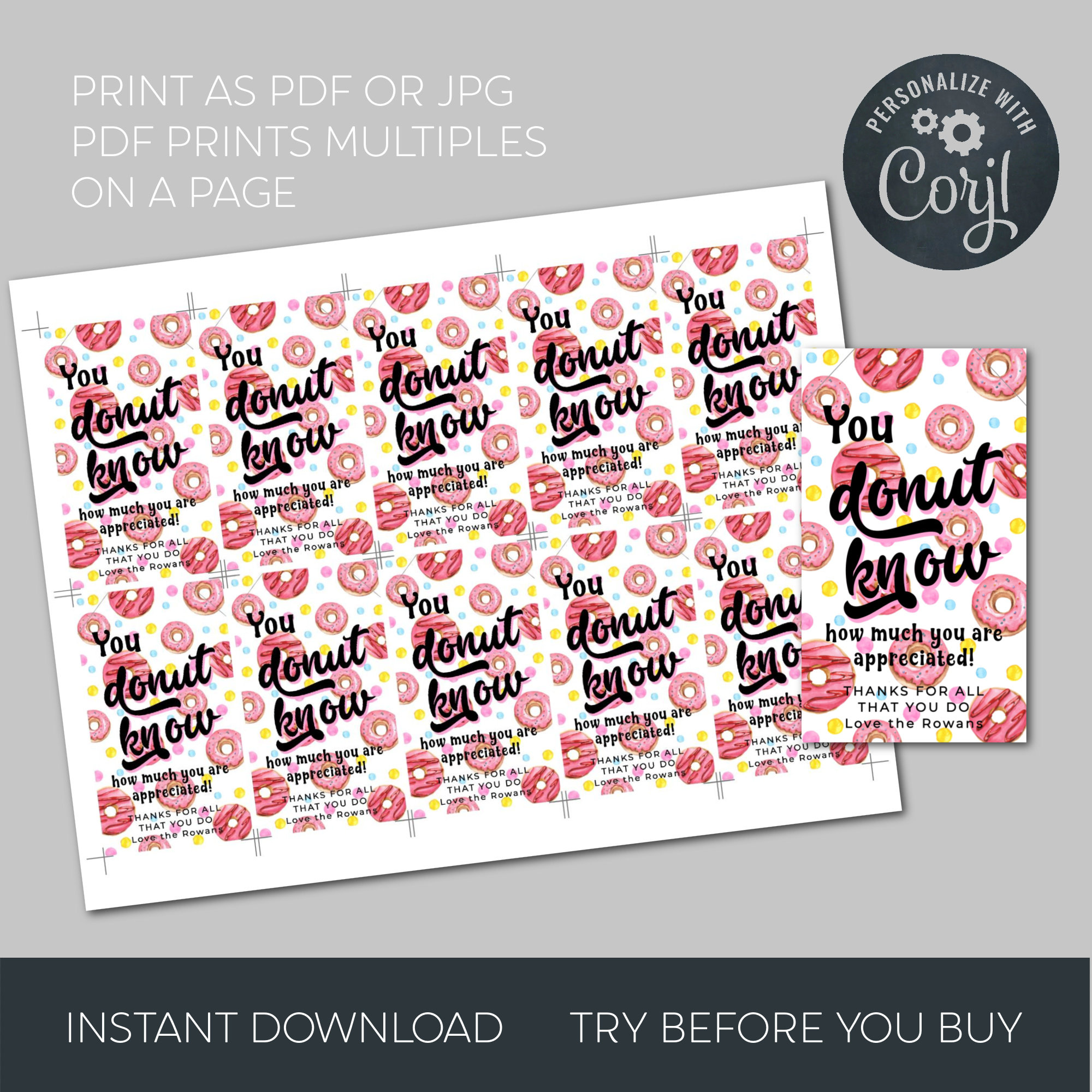 Donut Gift Tag Template You Donut Know How Much You Are - Etsy