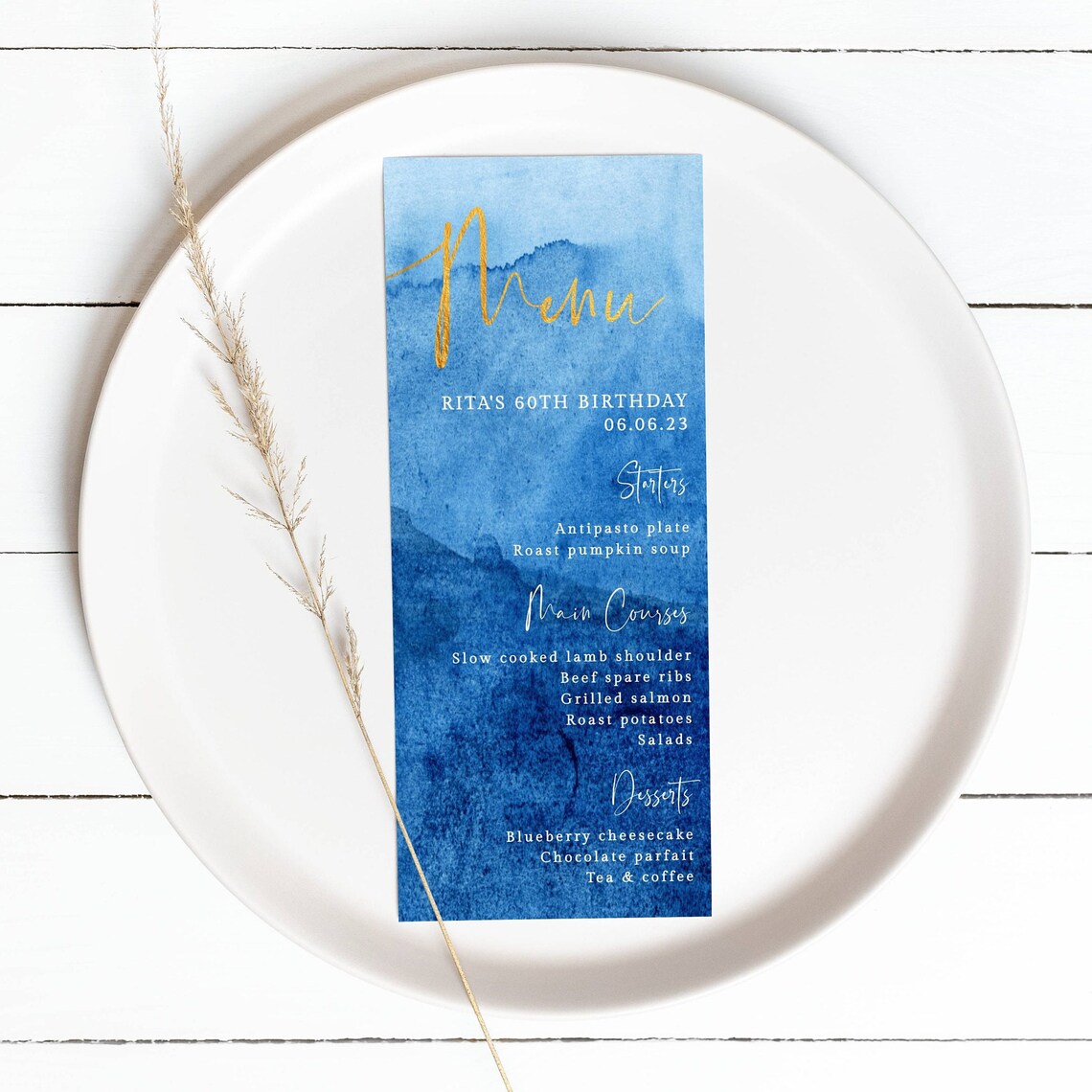 Elegant Blue & Gold Menu Template Printable Birthday Menu | Etsy