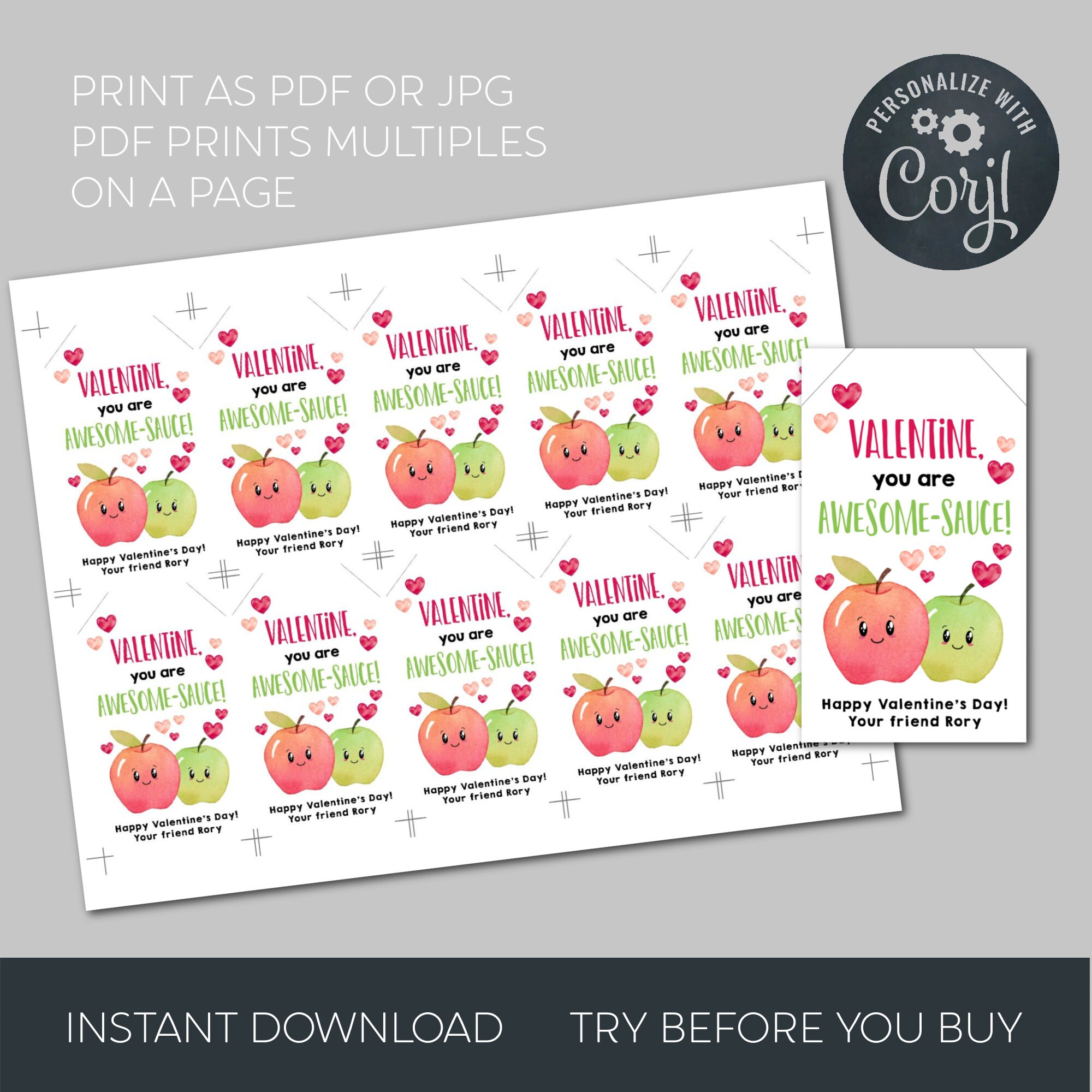 Applesauce Valentine Gift Tag Template You Are Awesome-sauce | Etsy