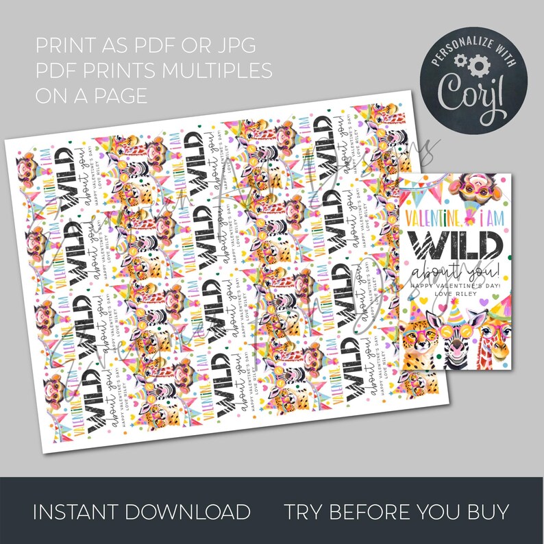Wild Animals Valentine's Day Gift Tag Template, Printable Safari Party ...