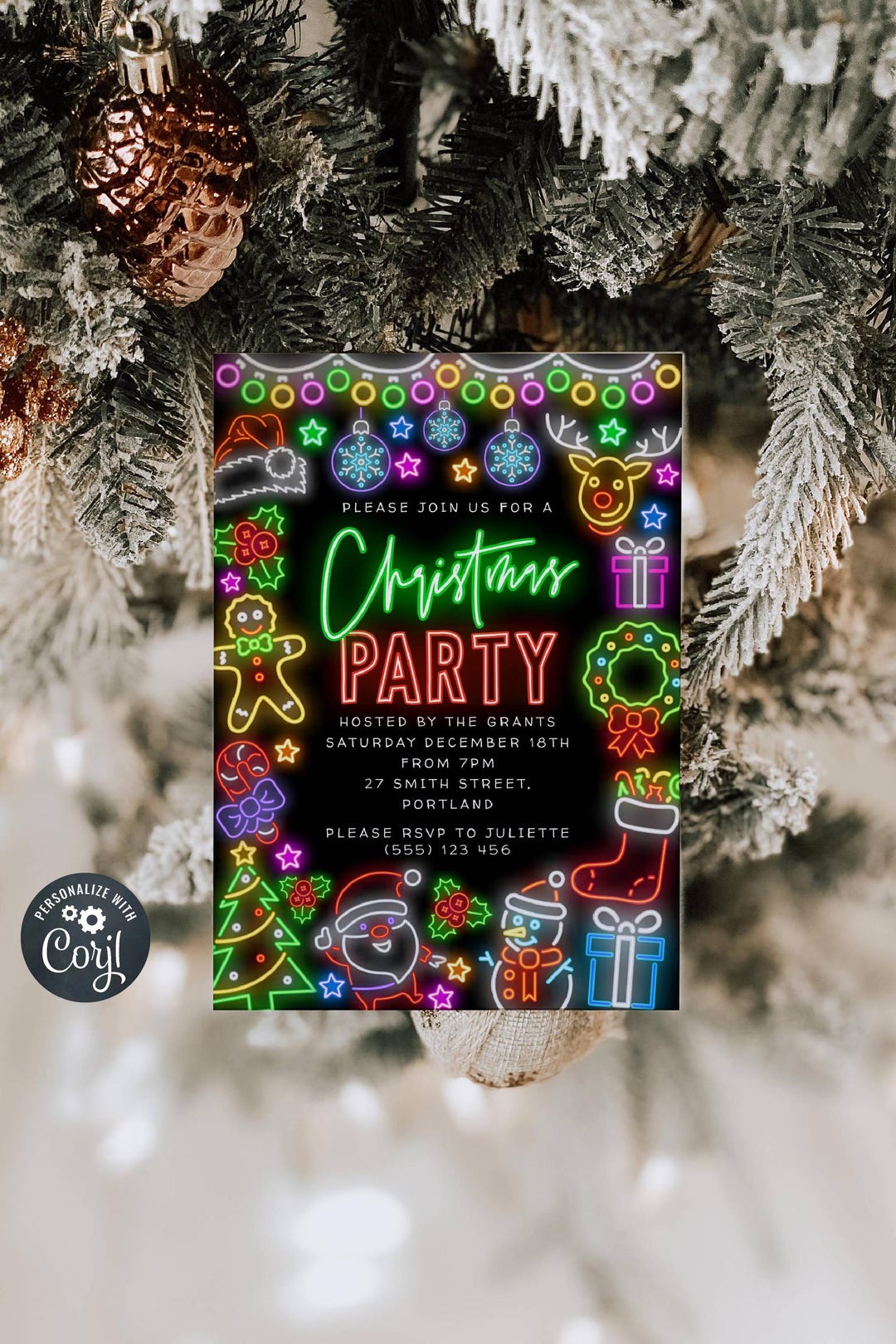 Neon Christmas Invitation Template, Printable Fun Holiday Party Invite ...