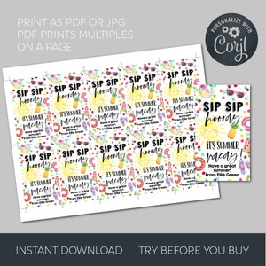 Sip Sip Hooray It's Summer Vacay Gift Tag Template, Printable Teacher ...