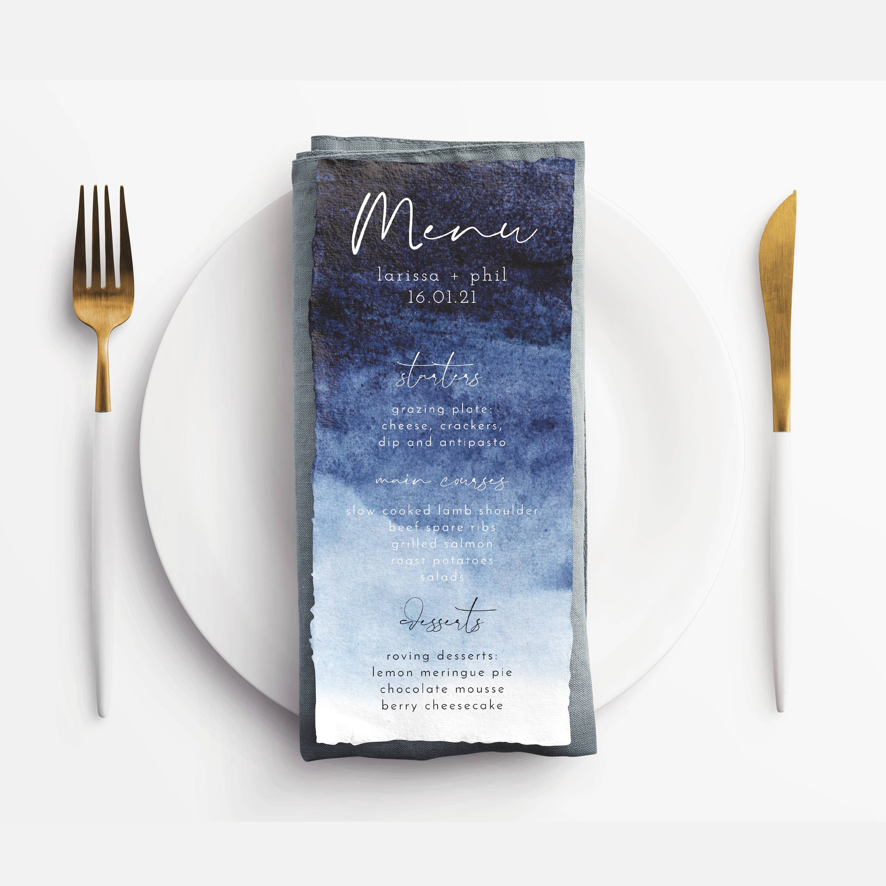 Navy Wedding Menu Template, Printable Ombre Watercolor Wedding Table ...