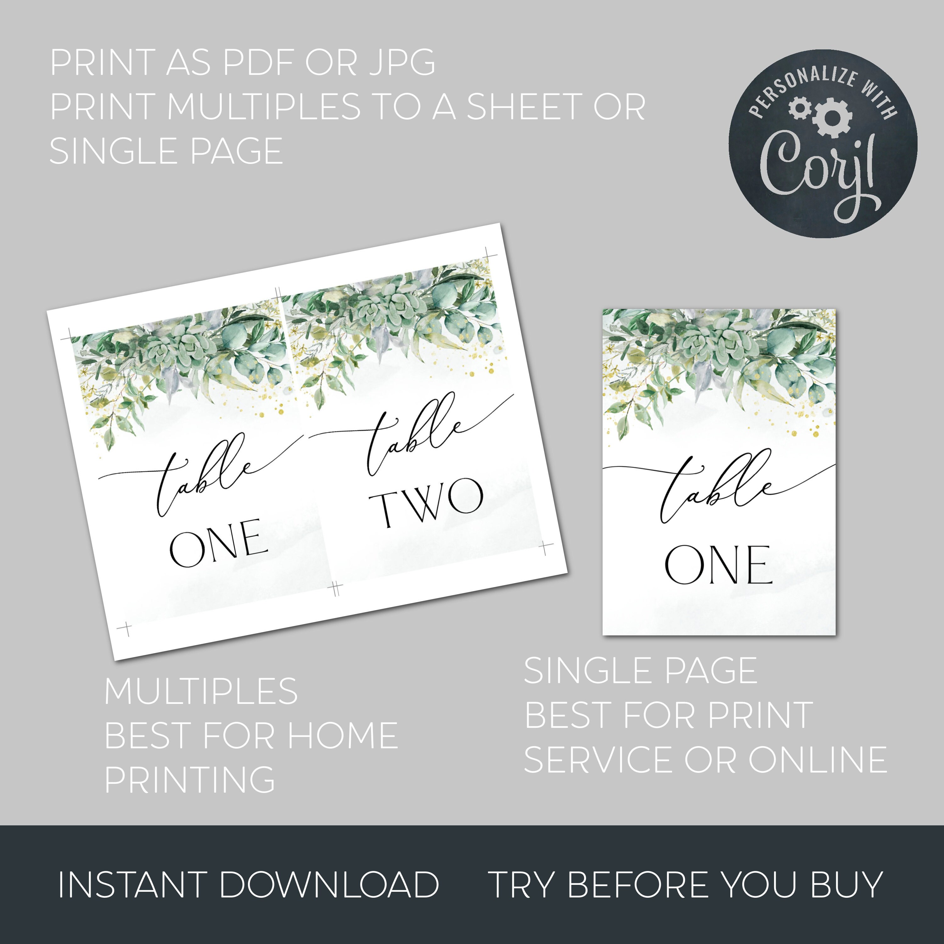 Greenery Table Number Template, Printable Botanical Eucalyptus Table ...