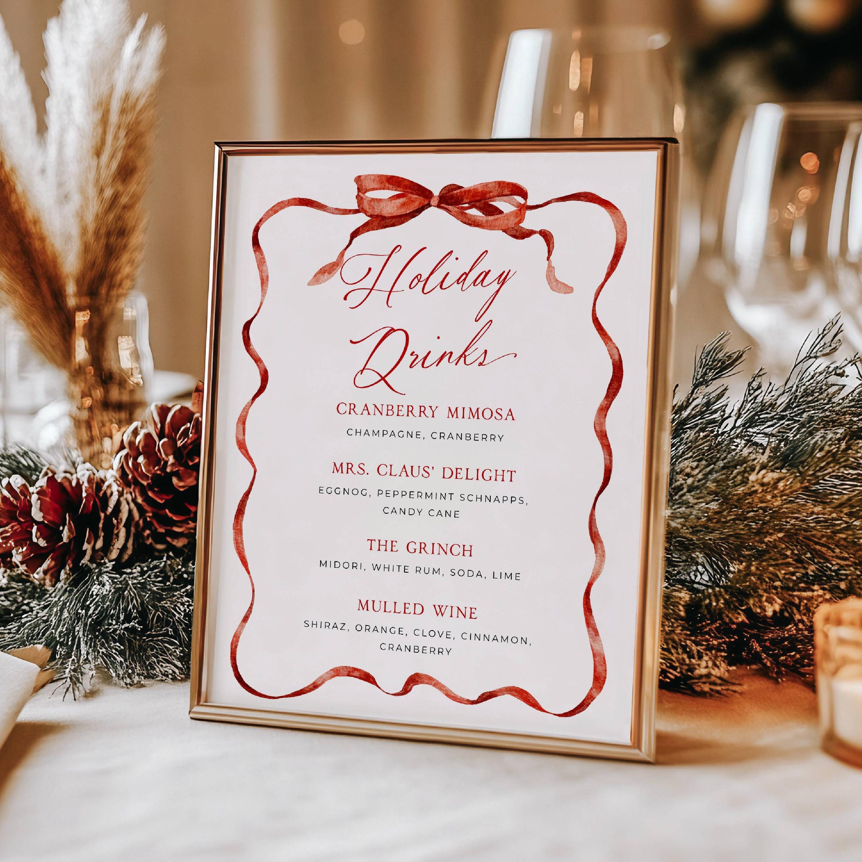 Red Ribbon Holiday Drinks Bar Menu Template, Printable Christmas ...