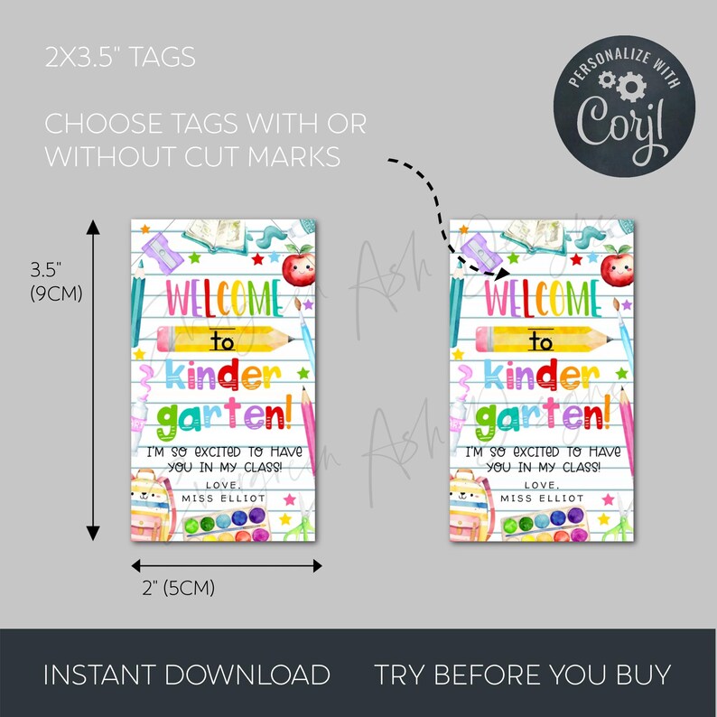 Welcome to Kindergarten Gift Tag Template, Printable First Day of ...