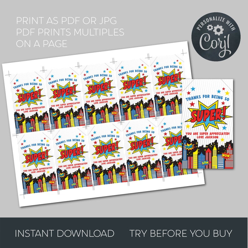 Superhero Teacher Appreciation Gift Tag Template, Printable Staff Nurse ...