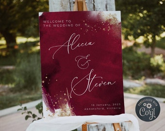 Burgundy Watercolor Welcome Sign Template, Printable Maroon & Gold ...