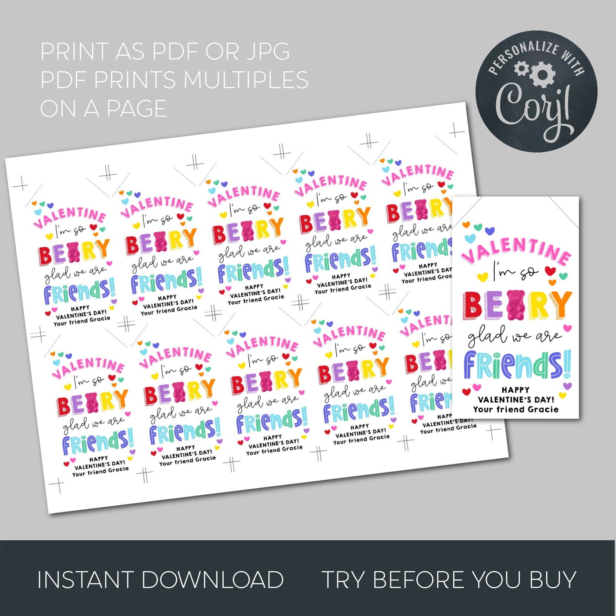 Gummy Bear Valentine's Day Gift Tag Template, Printable Beary Glad We ...