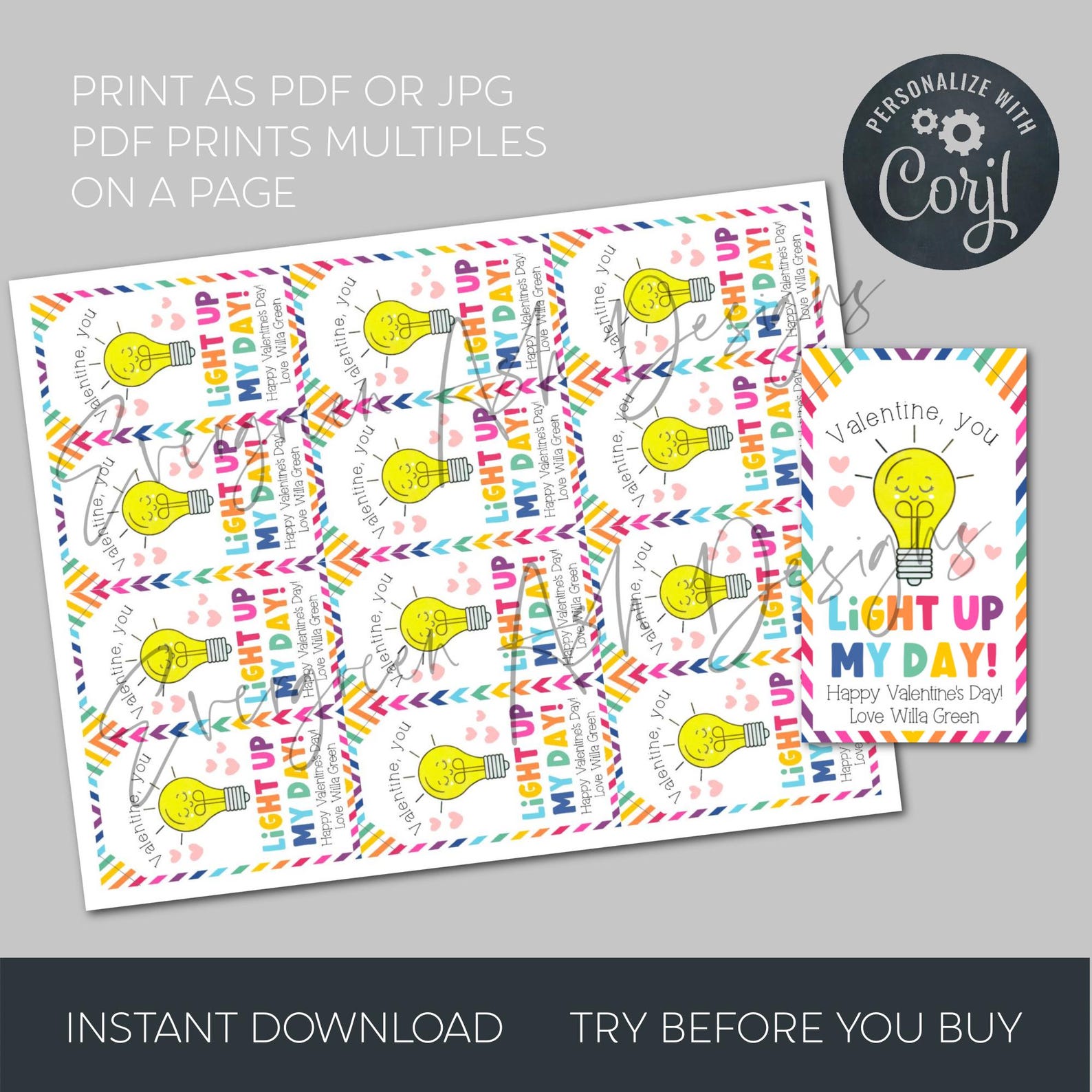 You Light up My Day Valentine Gift Tag Template, Printable Finger ...